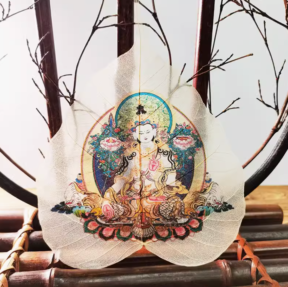 Tibetan Buddhist Bodhi Leaf Thangka in Wooden Picture Frame- White Tar ...